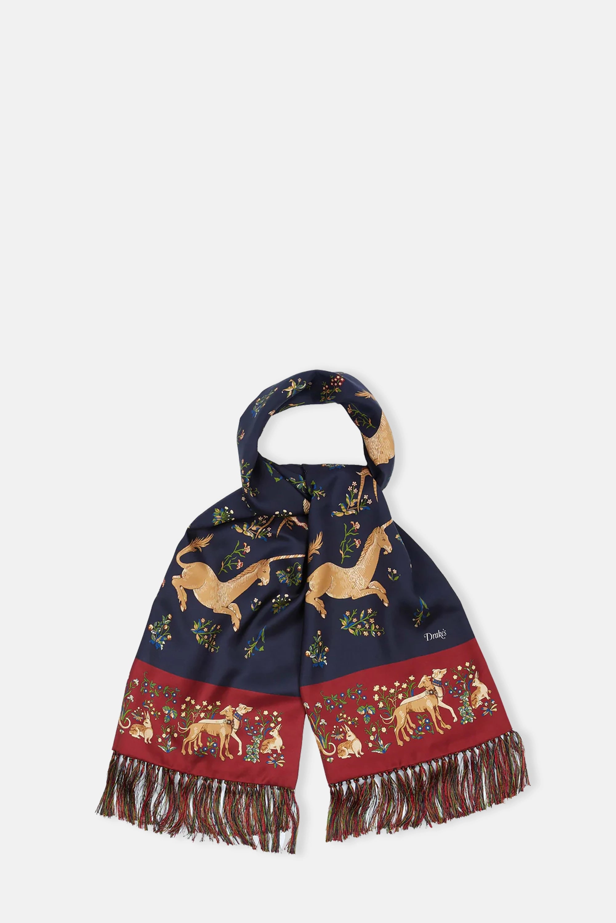 Navy Unicorn Print Tubular Silk Tasselled Scarf | Avart
